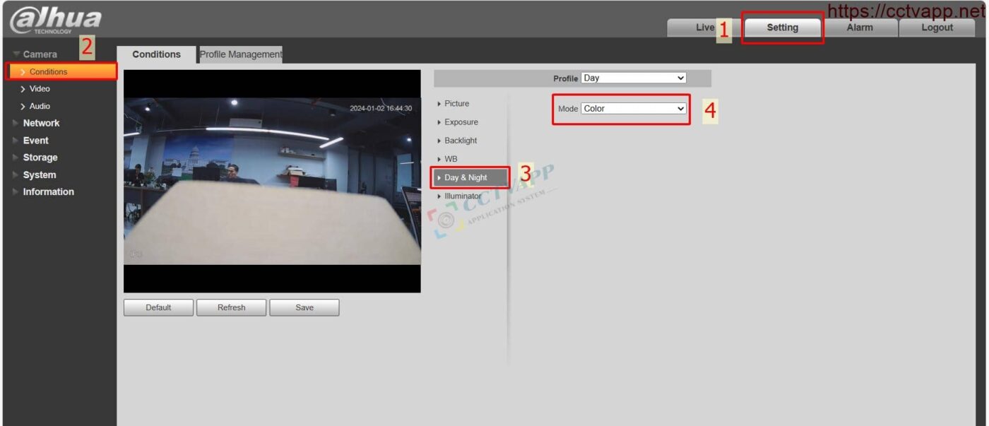 Instructions for turning on/off white LED on FullColor Camera Dahua - Application System