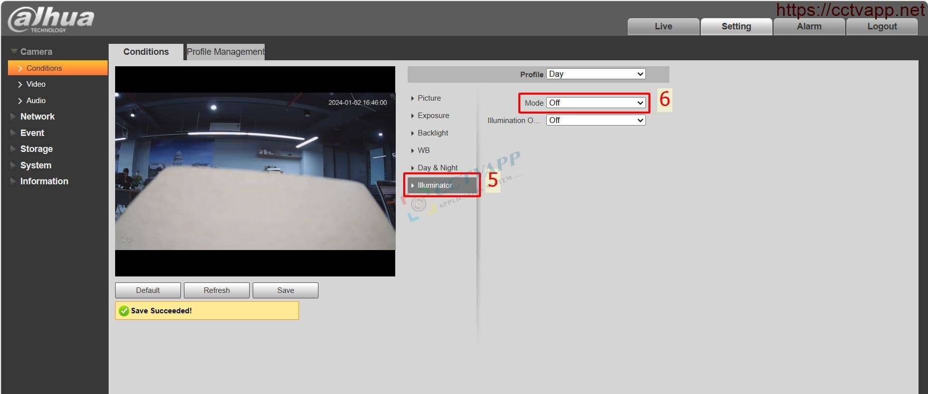 Instructions for turning on/off white LED on FullColor Camera Dahua - Application System